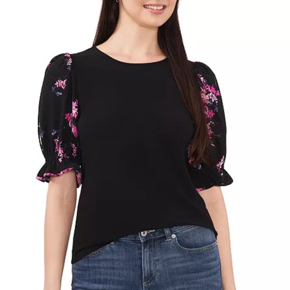 CeCe | Tops | Cece Mixed Media Puff Sleeve Blouse Top Black Floral Size ...